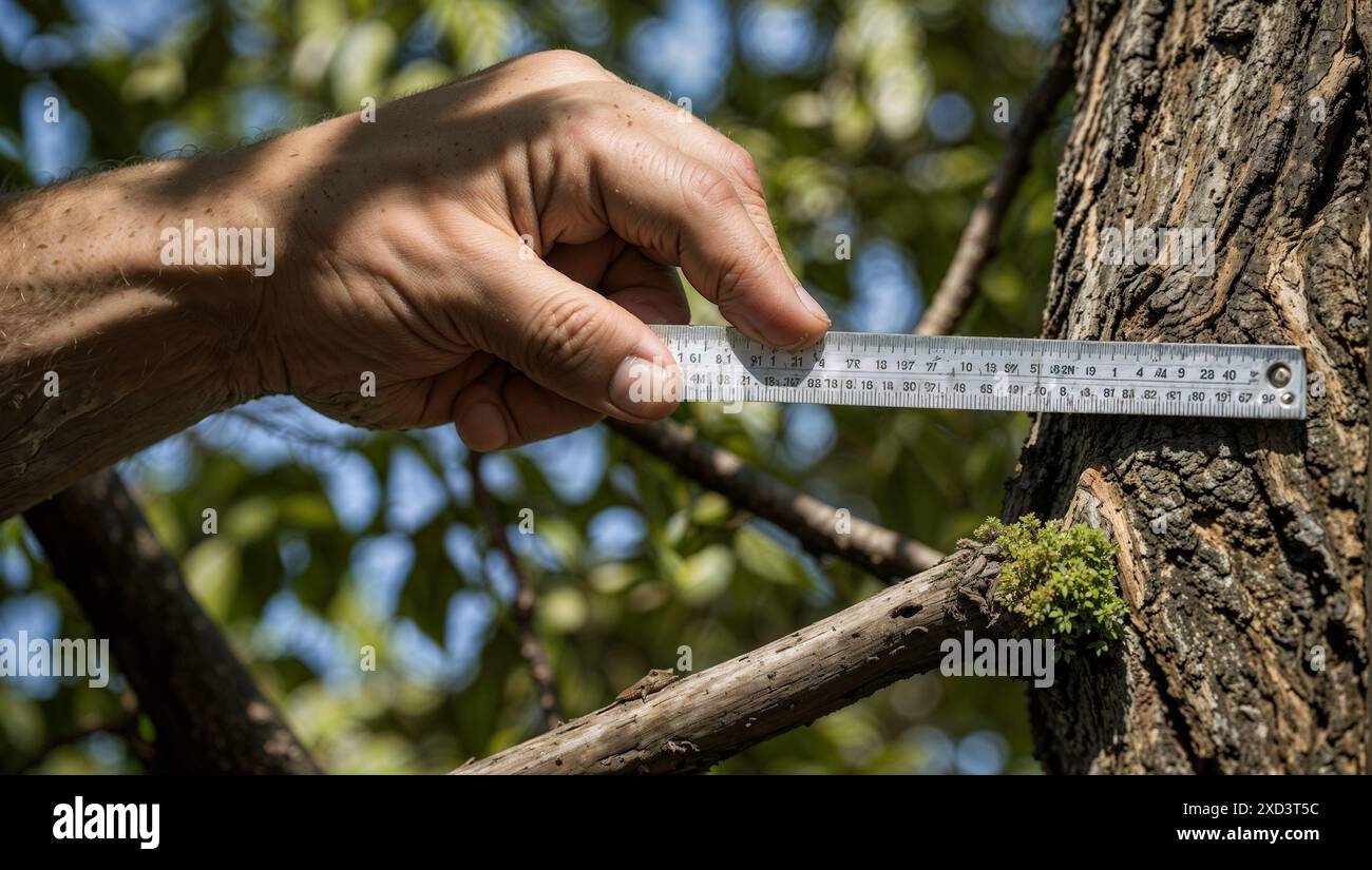 view of man's hands measuring the thickness of a tree branch with a ...