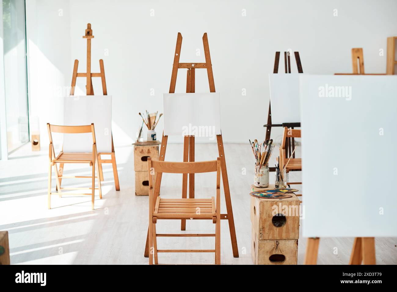 Interior, art workshop and empty room with canvas for painting class ...