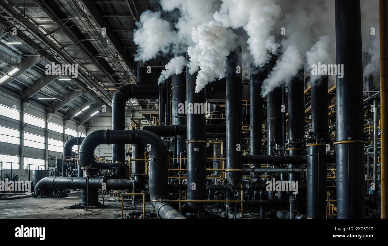 Factory pipes with black smoke coming out Stock Photo - Alamy