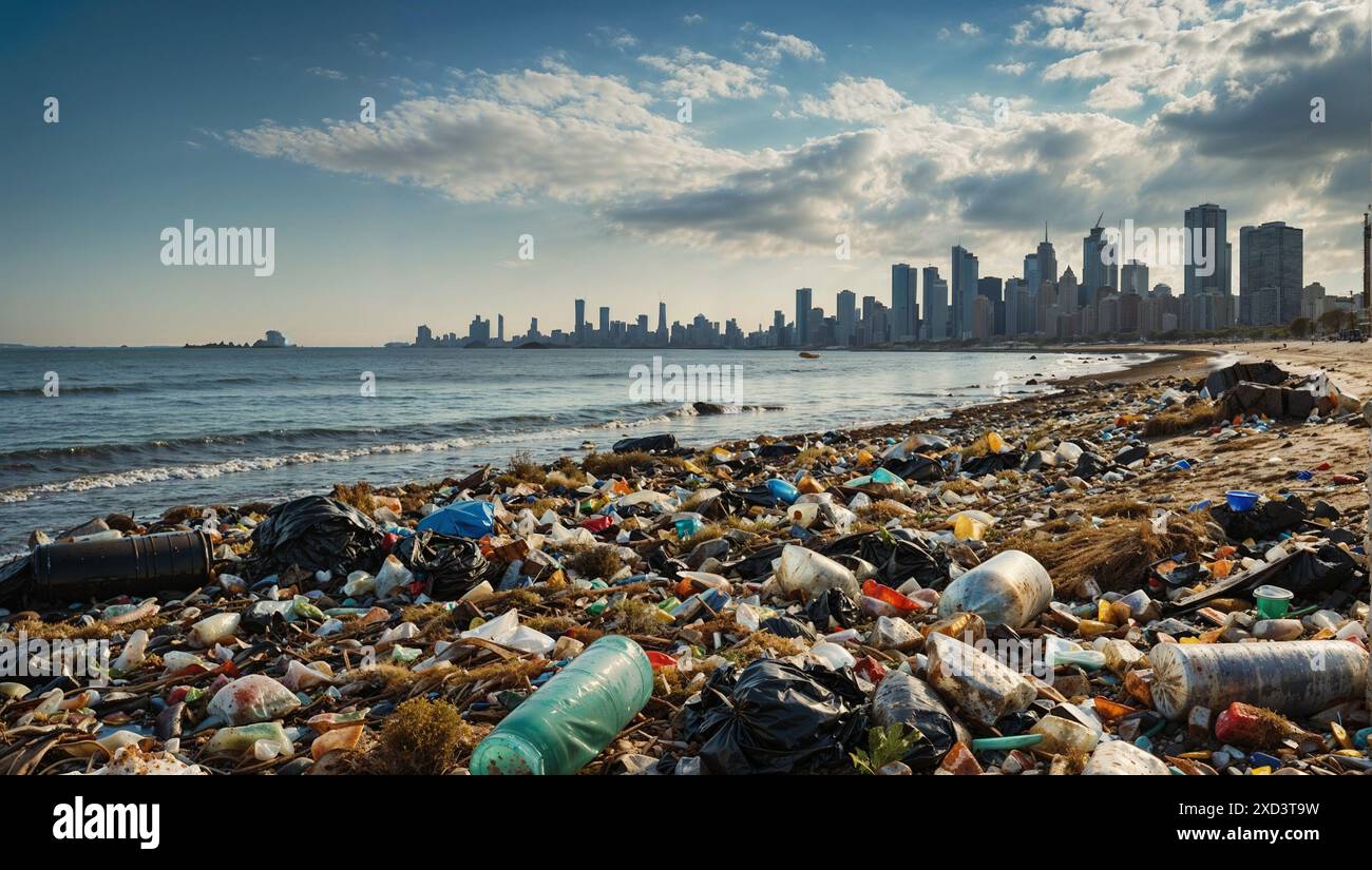 A lot of garbage washed up on the seashore with the city in the ...