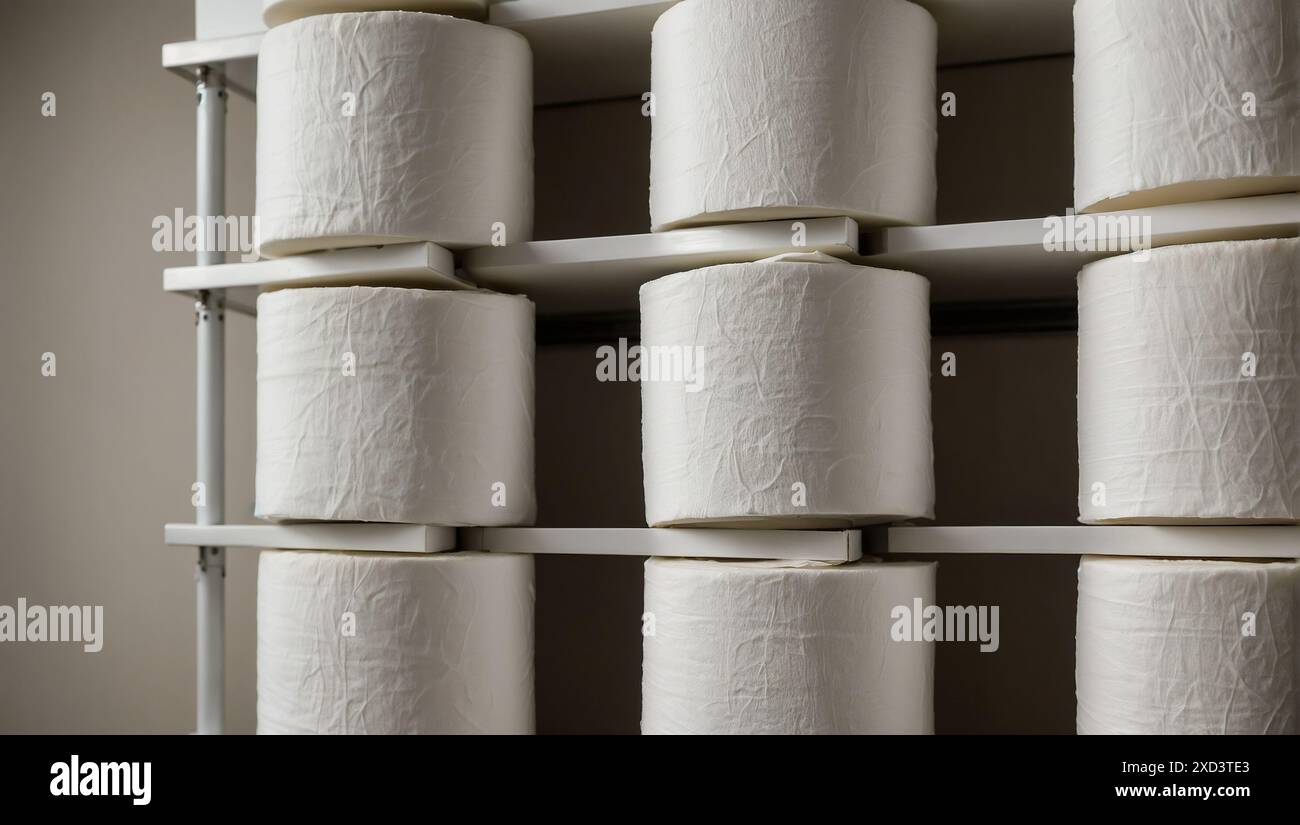 Rolls of white toilet paper stacked in piles Stock Photo - Alamy