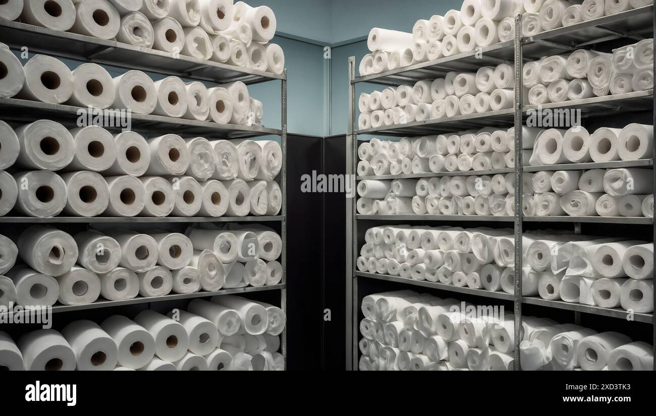 Rolls of white toilet paper stacked in piles Stock Photo - Alamy