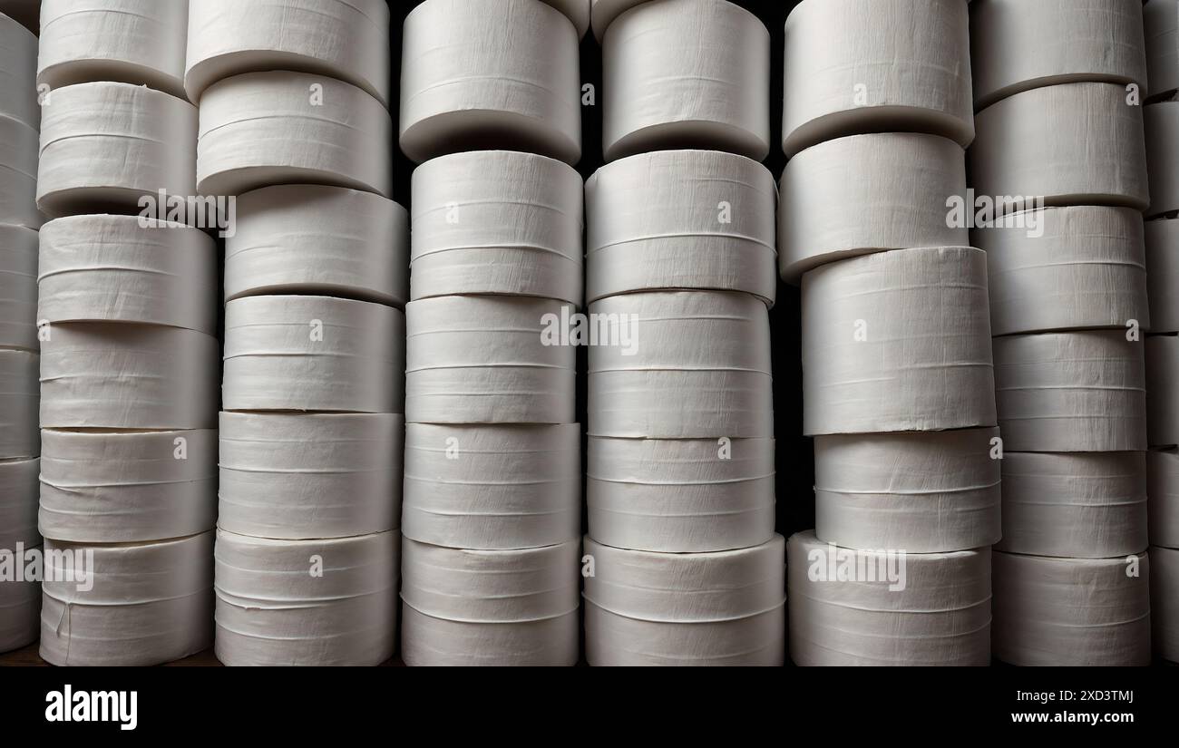 Rolls of white toilet paper stacked in piles Stock Photo - Alamy