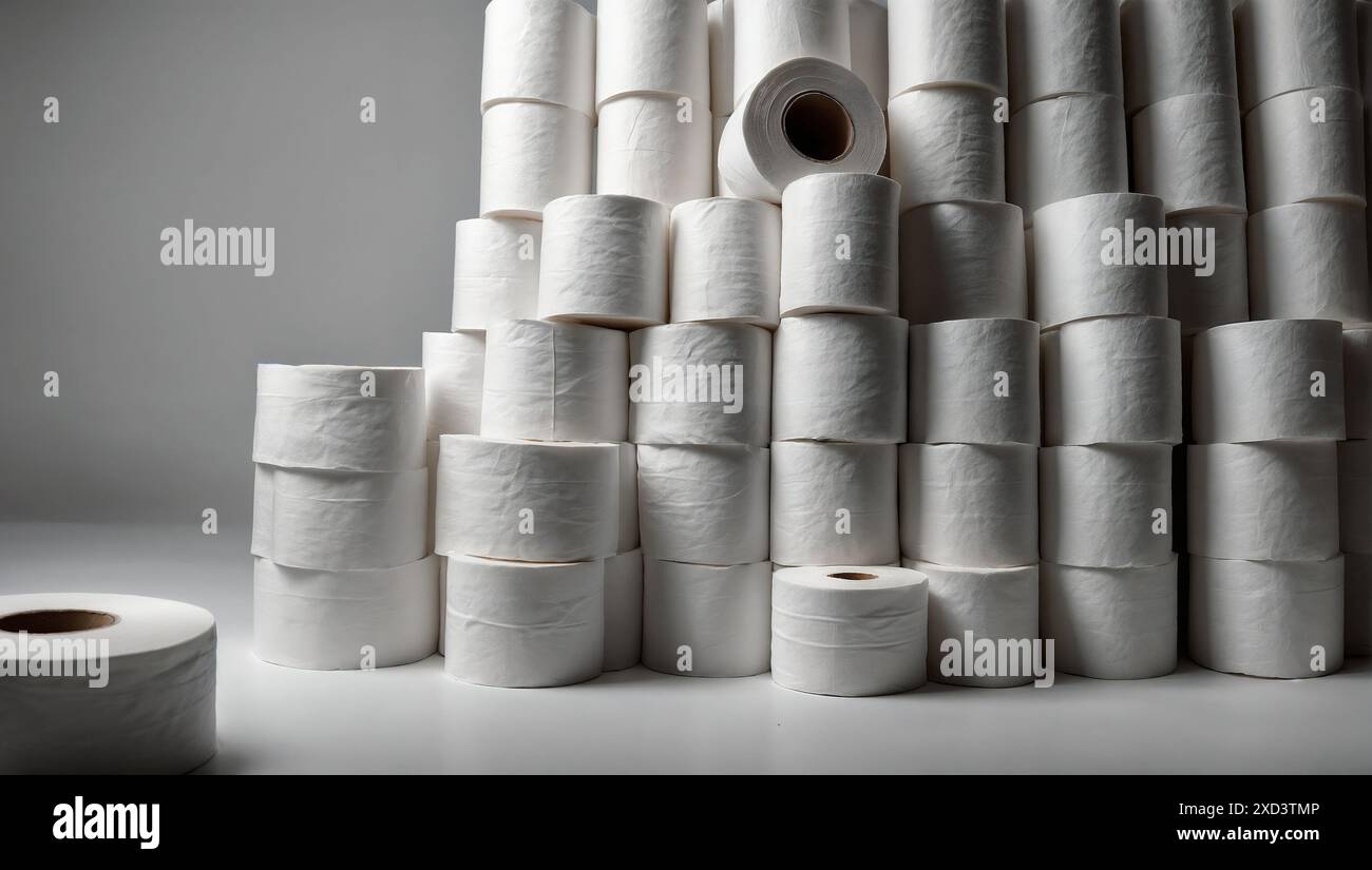 Rolls of white toilet paper stacked in piles Stock Photo - Alamy