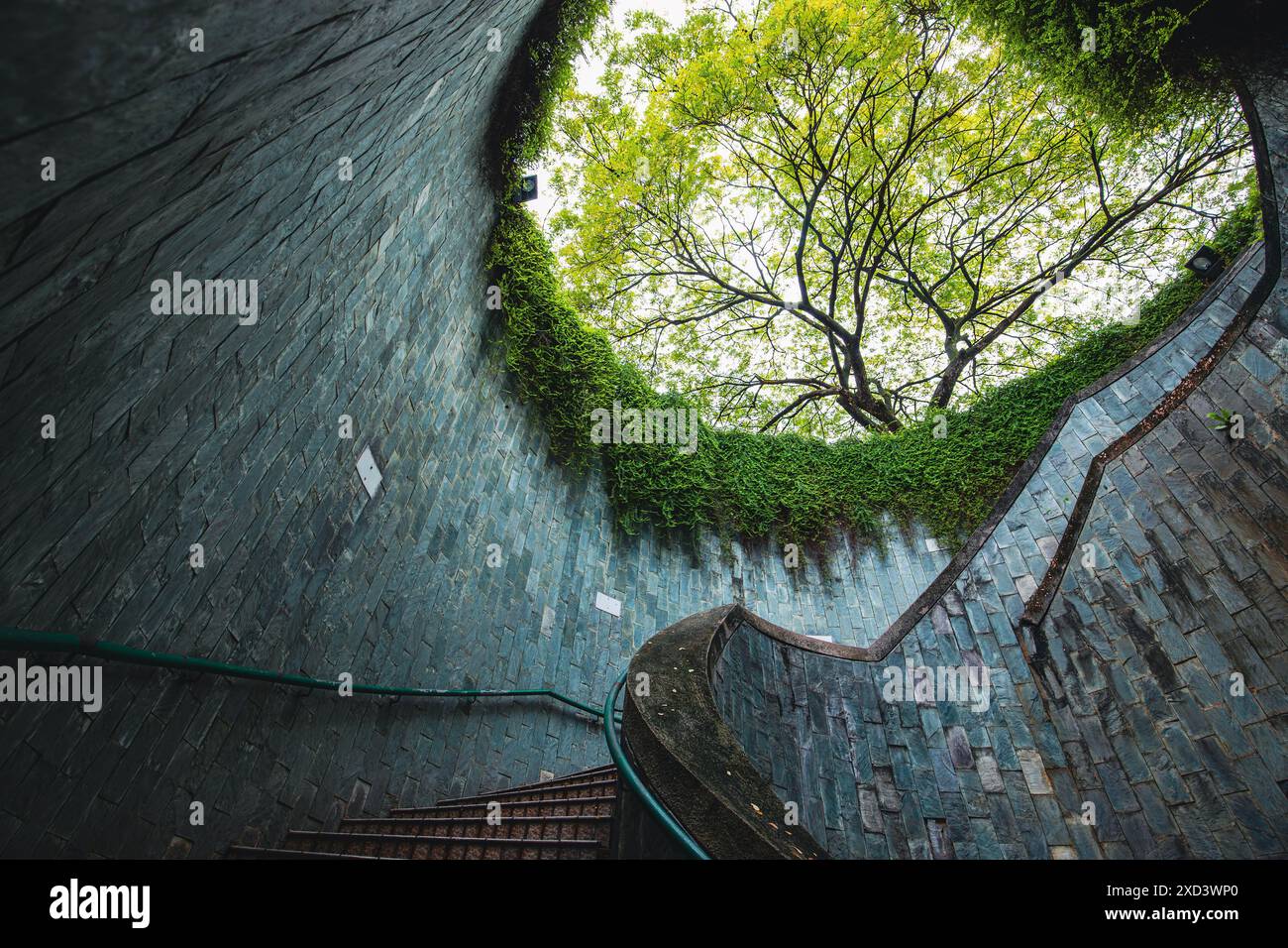 Empty spiral staircase of underground walkway. View of green tree in ...