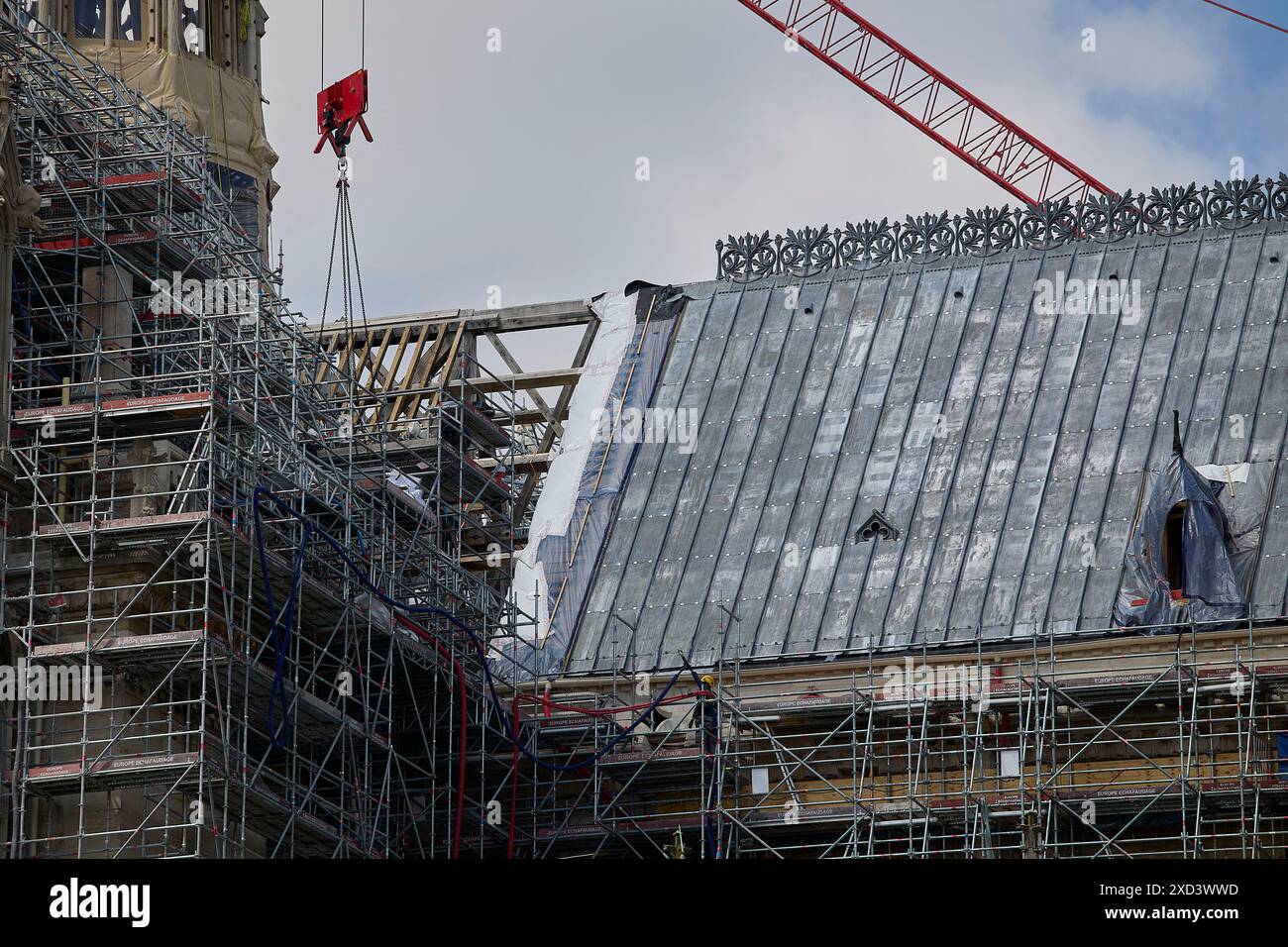 Paris June 19, 2024: The installation of the lead roofing is being ...