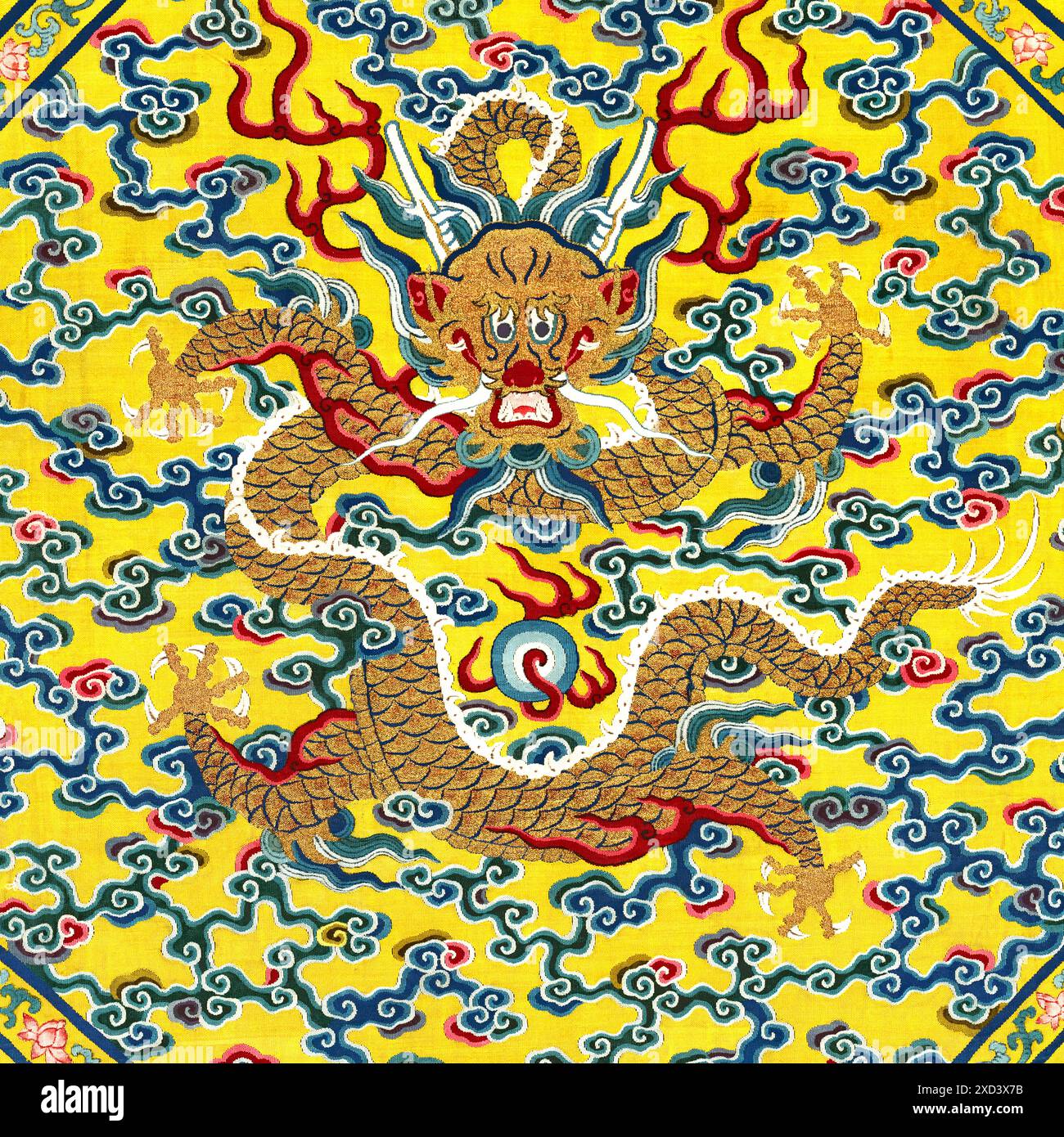 Chinese Golden Dragon Embroidered on Yellow Silk Fabric Stock Photo - Alamy