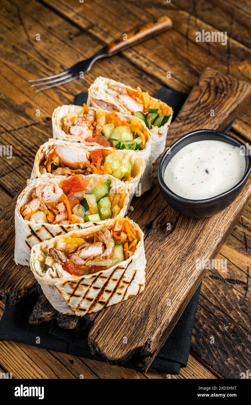 Chicken wrap roll, durum doner kebab with meat and vegetable salad ...