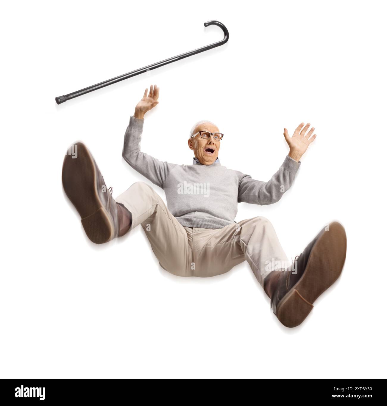 Scared elderly man with falling isolated on white background Stock ...