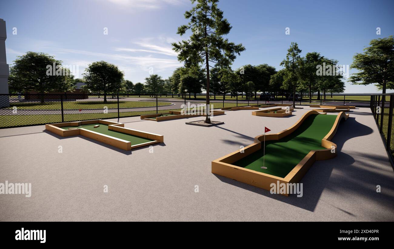 mini golf course with bright green turf, wooden structures, and a ...