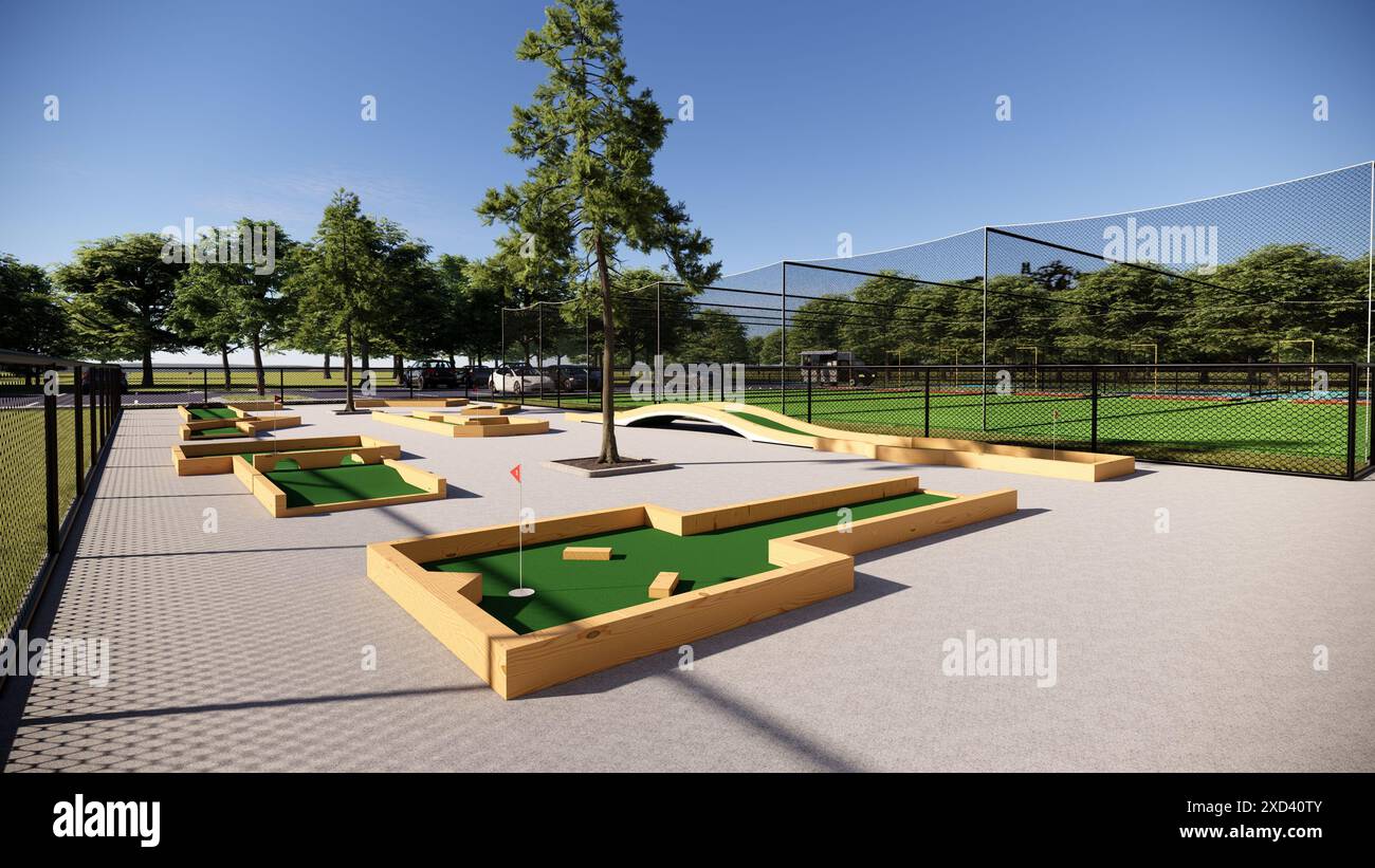 cheerful green mini golf course made with wooden materials and ...