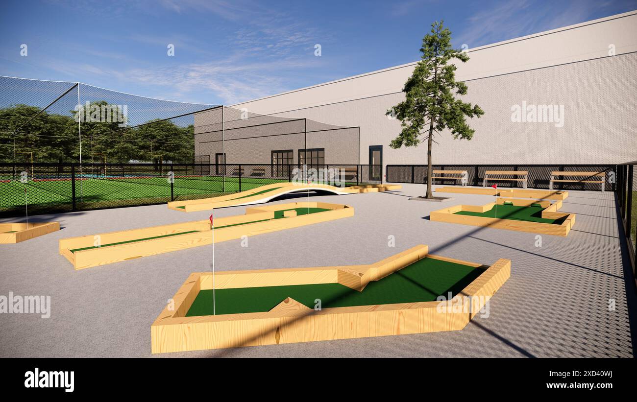 bright green mini golf course with wooden elements, complete with ...