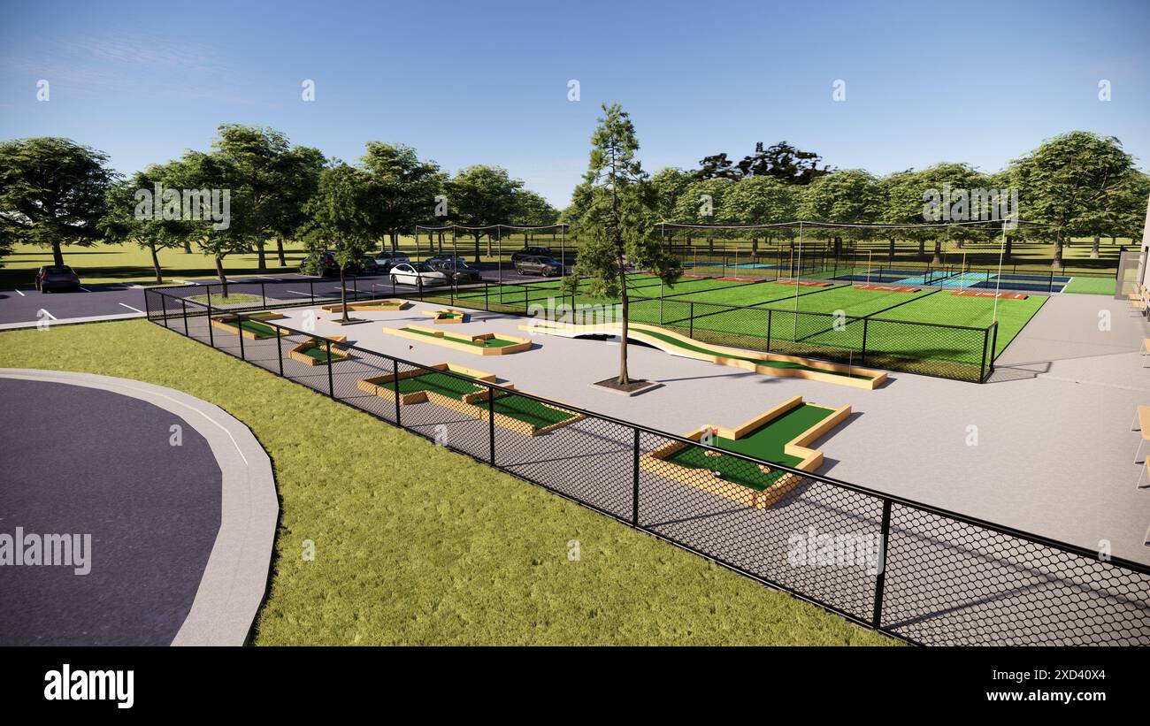 mini golf course with lush green turf, wooden details, and a landscaped ...