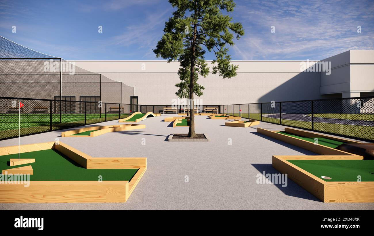 green mini golf course featuring wood accents and a landscaped area ...