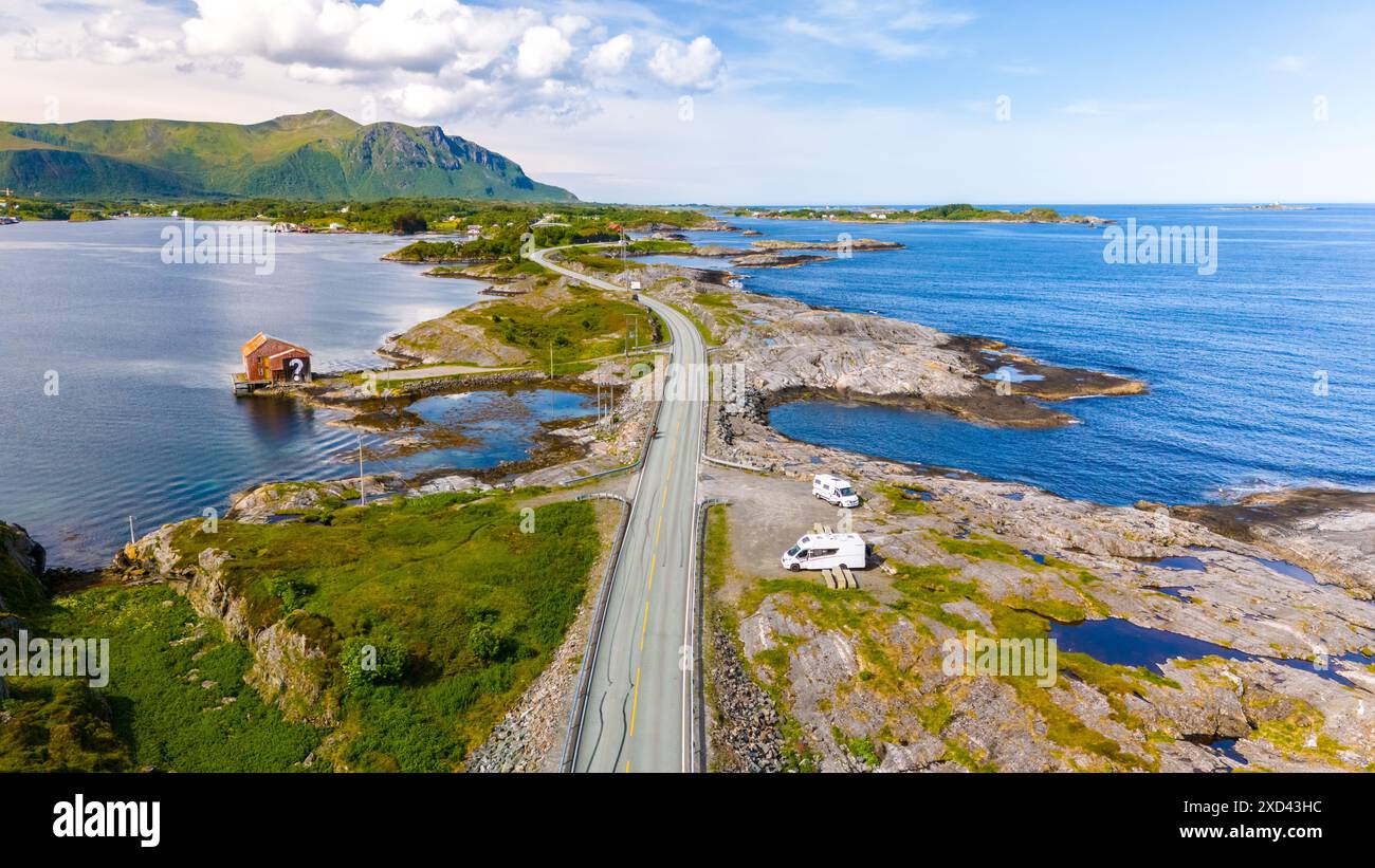 An aerial view of the Atlantic Road in Norway, showcasing the winding ...