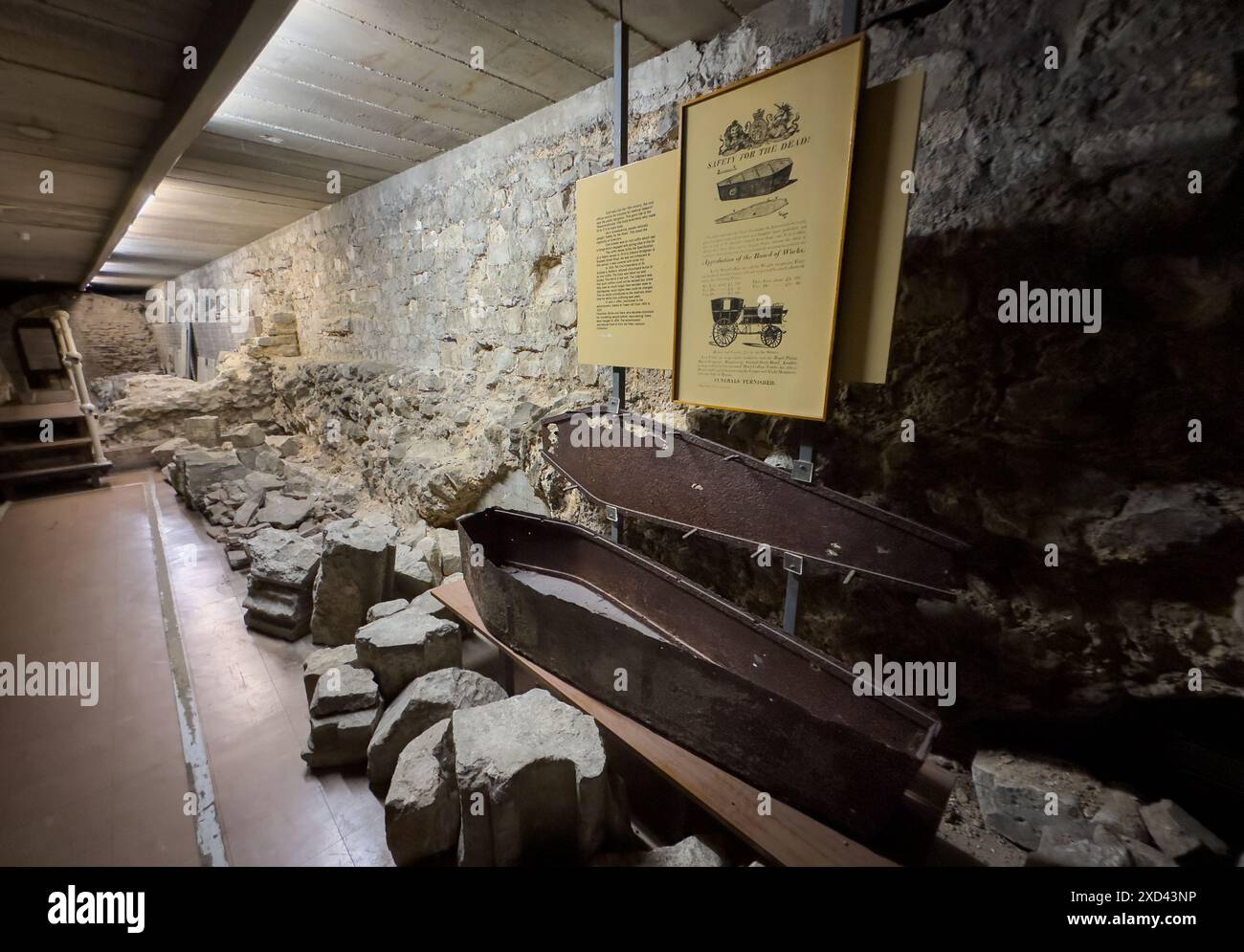 A 19th century iron coffin and an advert for iron coffins as protection ...