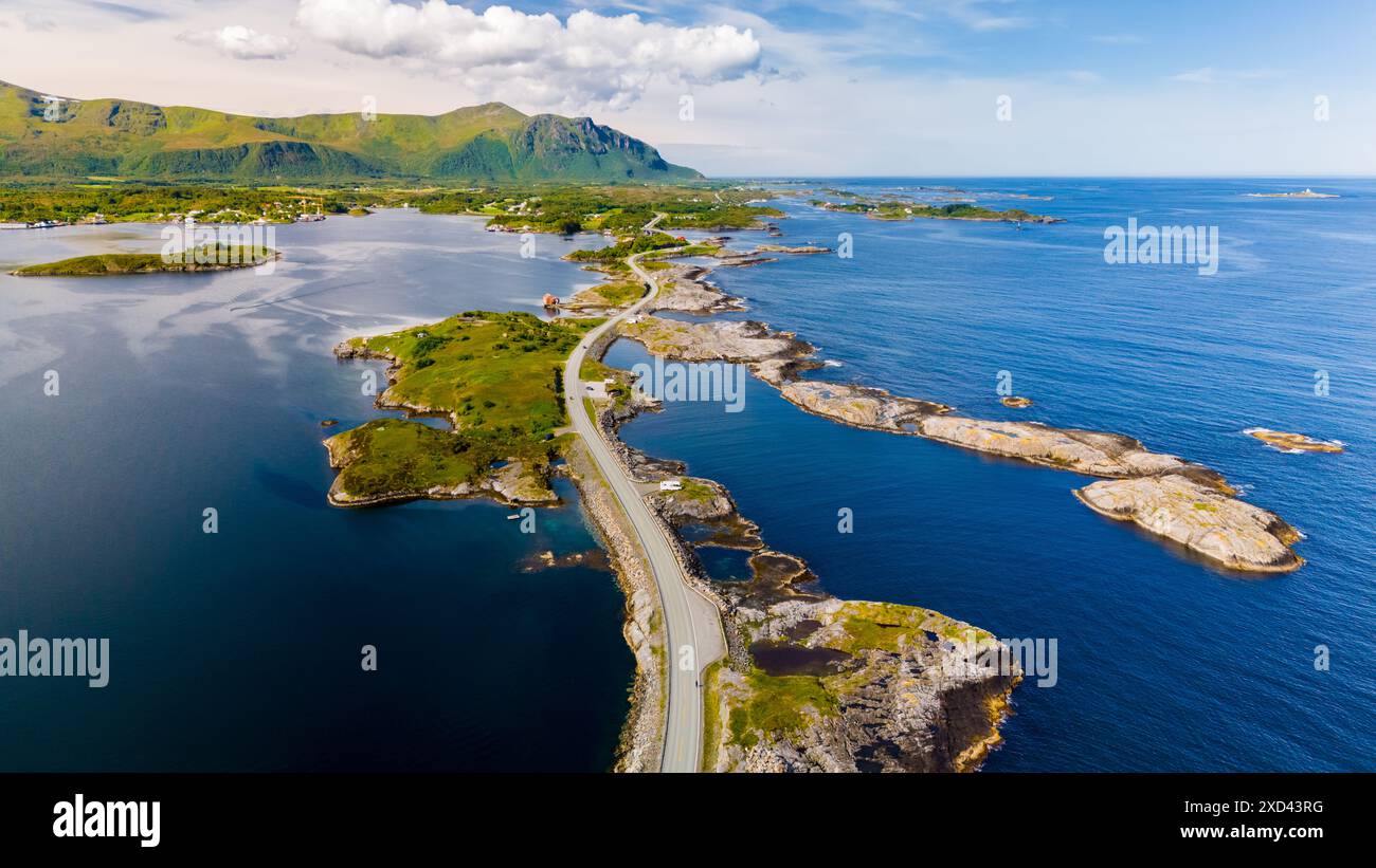 An aerial view of the Atlantic Road in Norway, showcasing the winding ...