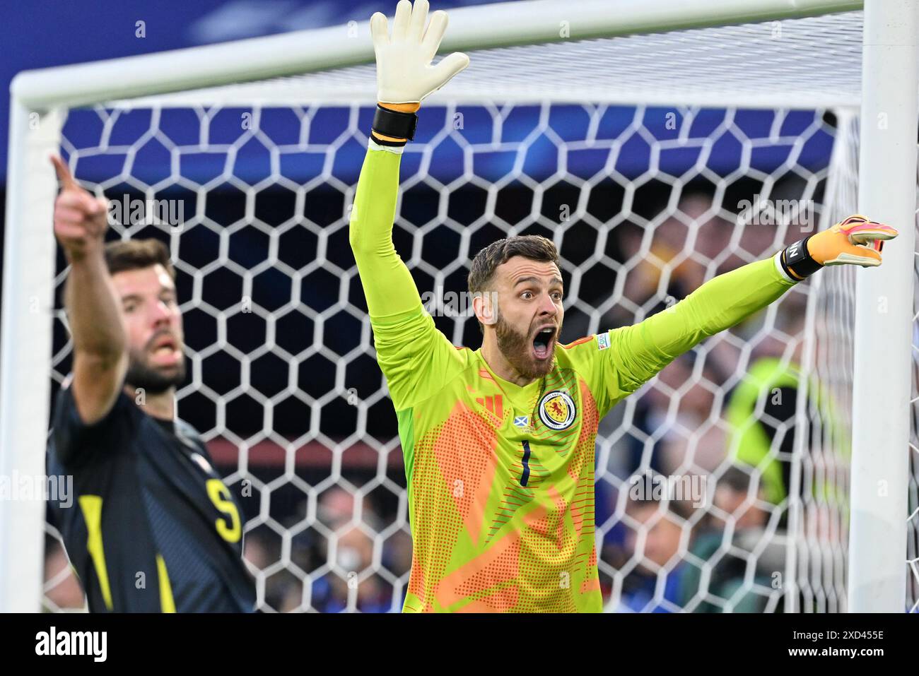 goalkeeper Angus Gunn (1) of Scotland reacts during a soccer game ...