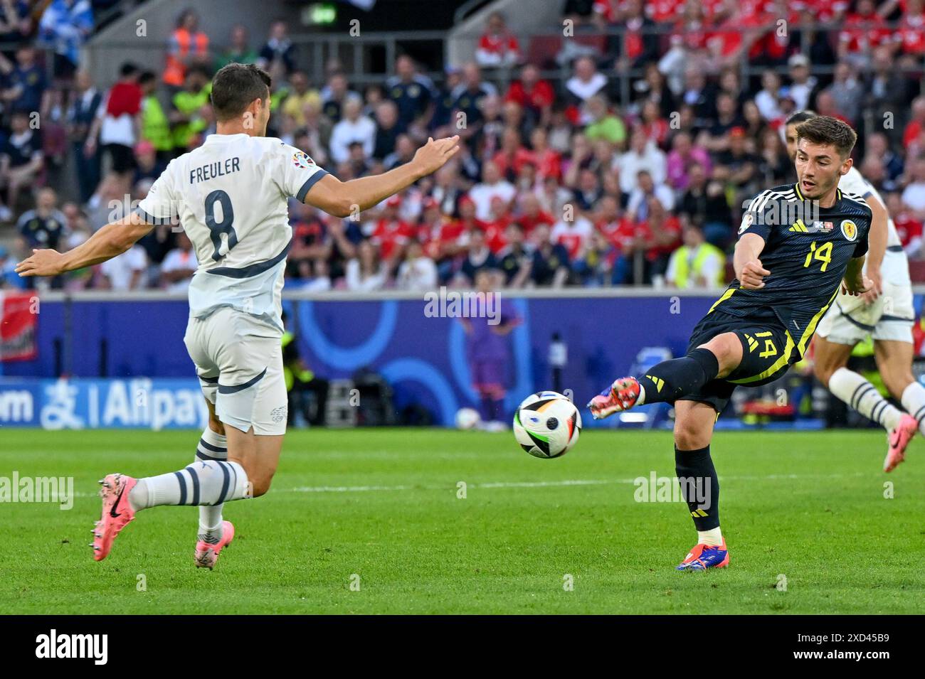 Remo Freuler (8) of Switzerland defending on Billy Gilmour (14) of ...