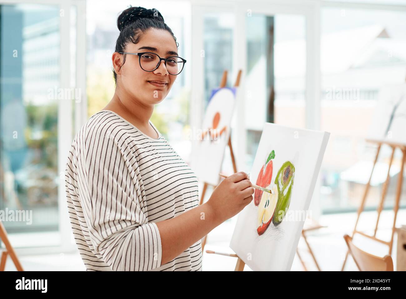 Woman, artist and smile with sketch in art studio for talent, hobby and ...