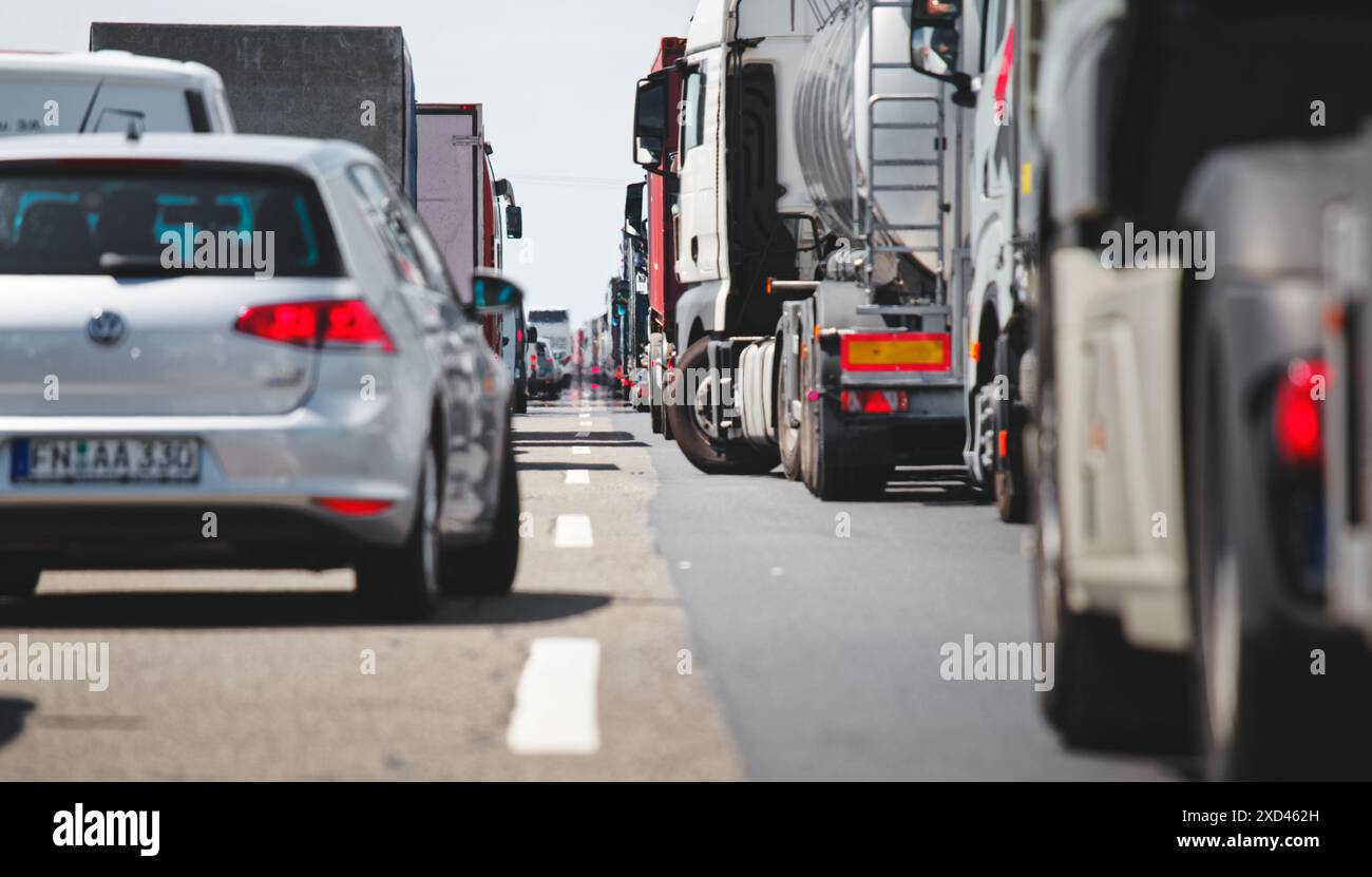 Cars and truck in traffic jam congestion at highway road Stock Photo ...