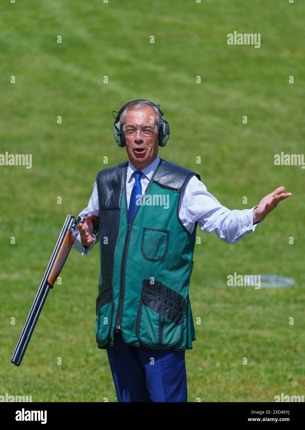 Reform UK leader Nigel Farage takes part in clay pigeon shooting during ...