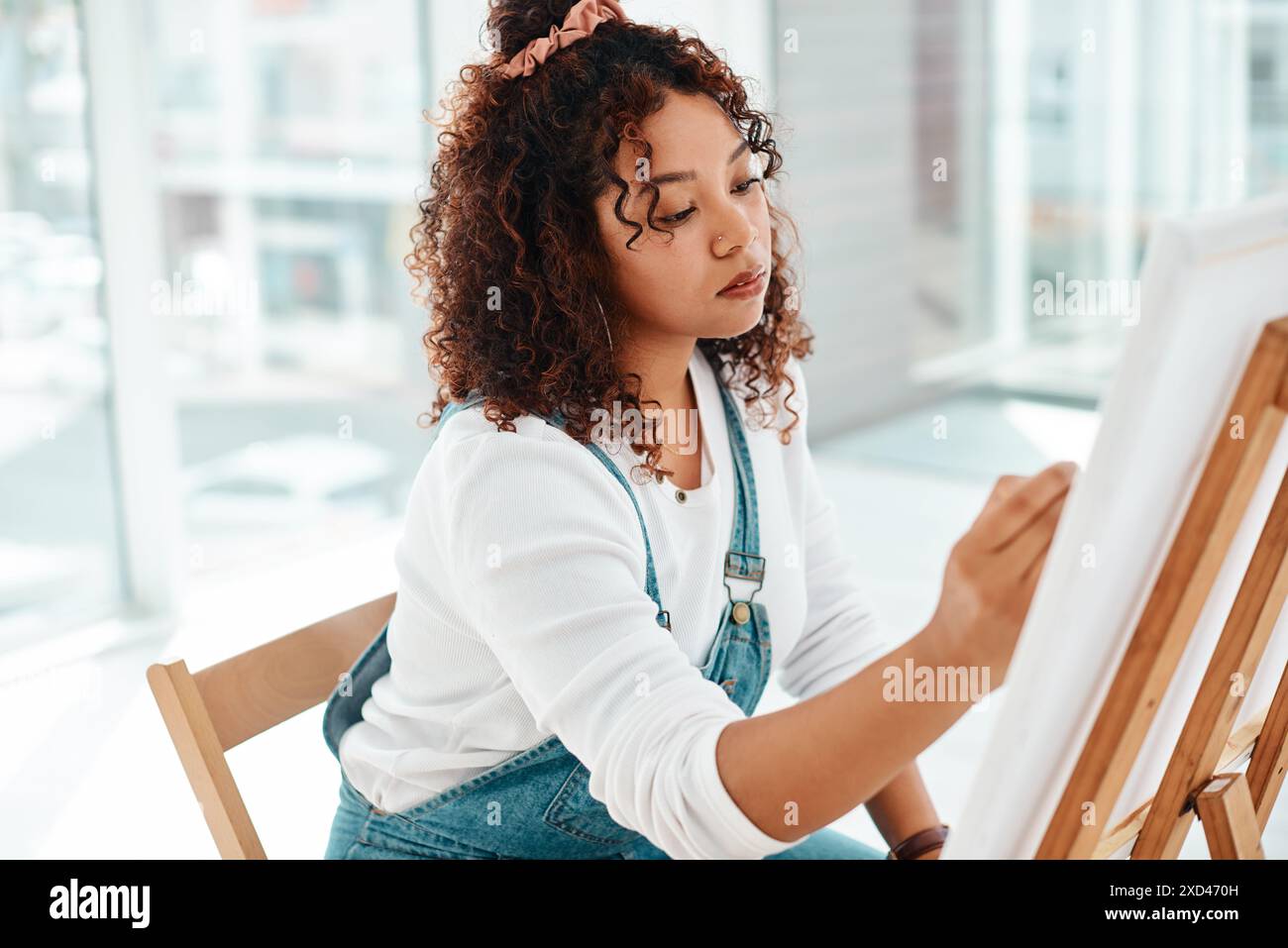 Woman, artist and creativity with painting in art class as talent or ...