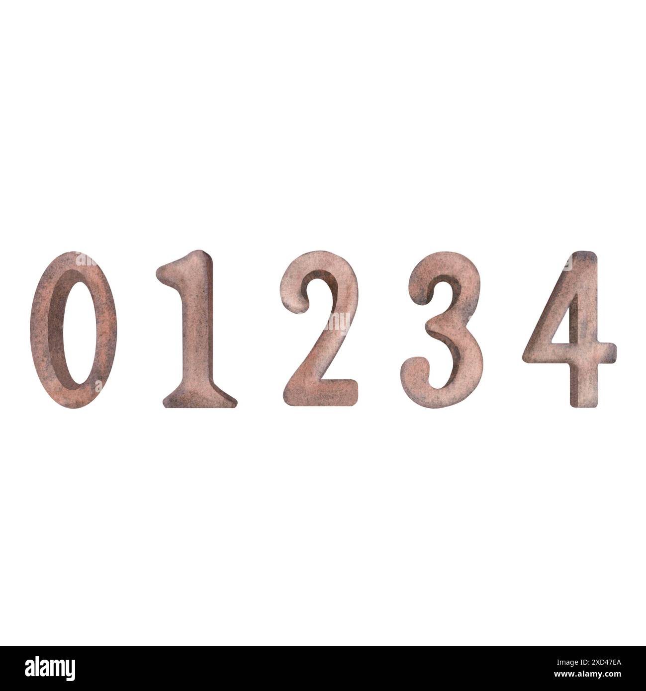 A set of numbers in watercolor from zero to four in brown. The clipart ...