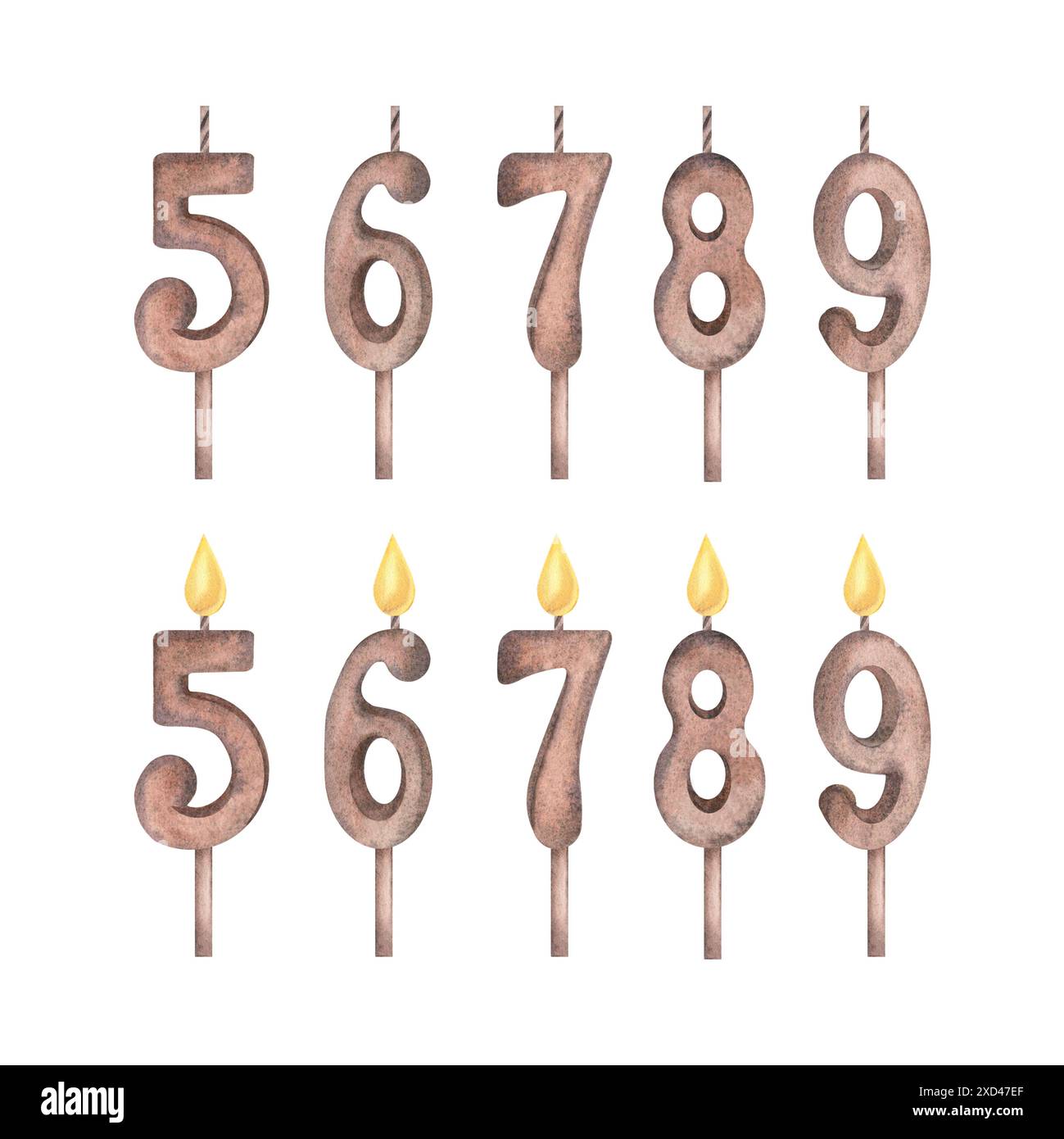 A set of candles of numbers with a flame from five to nine in brown ...