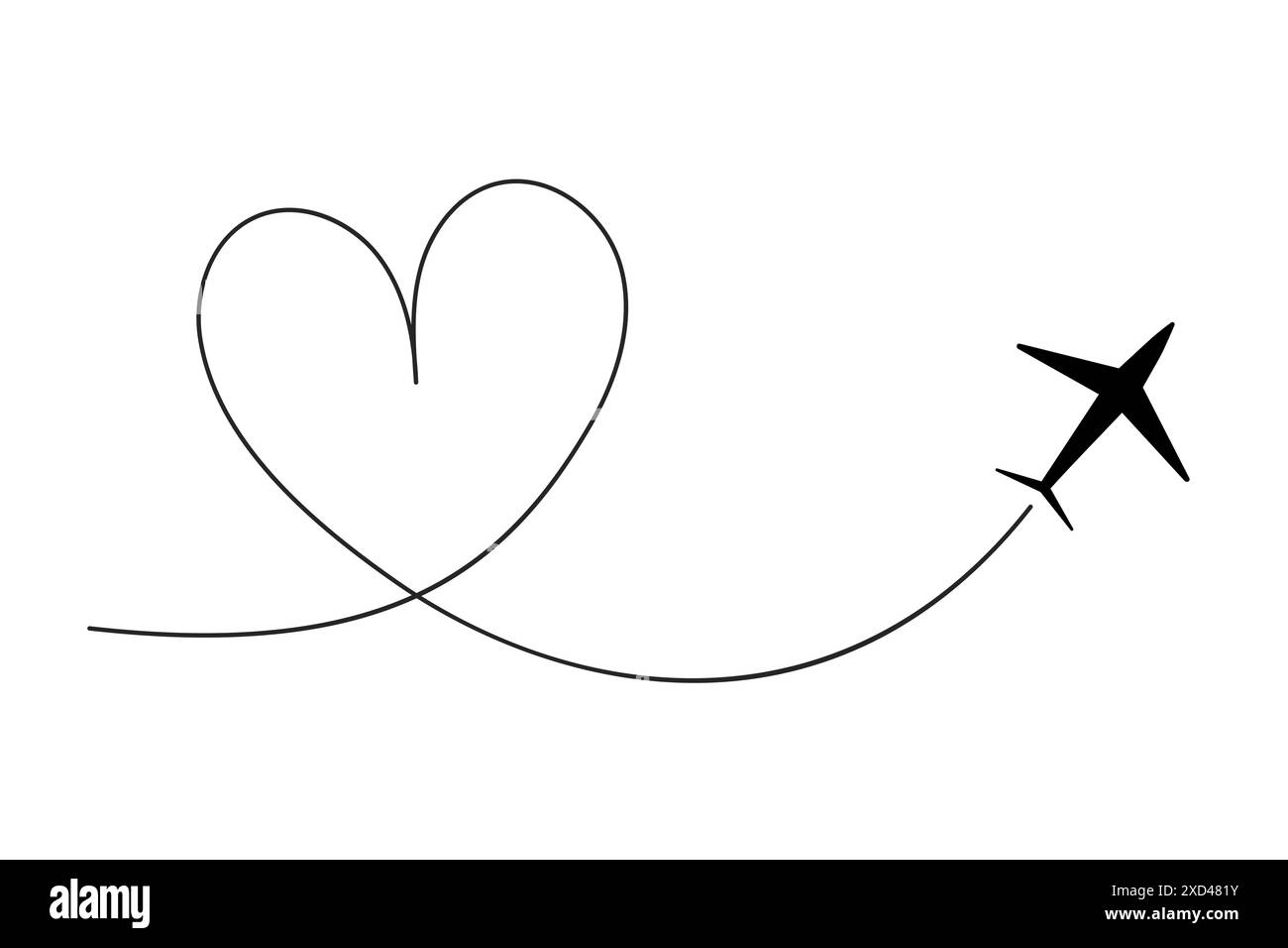 Itinerary dashed trace heart shape, line airplane flight, dotted path ...