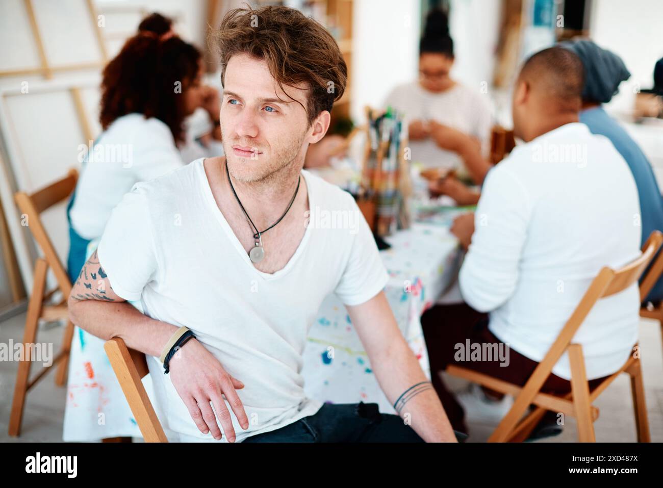 Thinking, creativity and man in art workshop for relax, drawing or ...