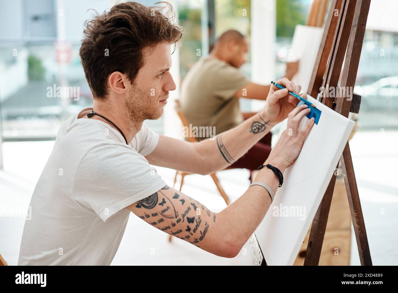Man, artist and drawing for creativity in art class as talent or hobby ...