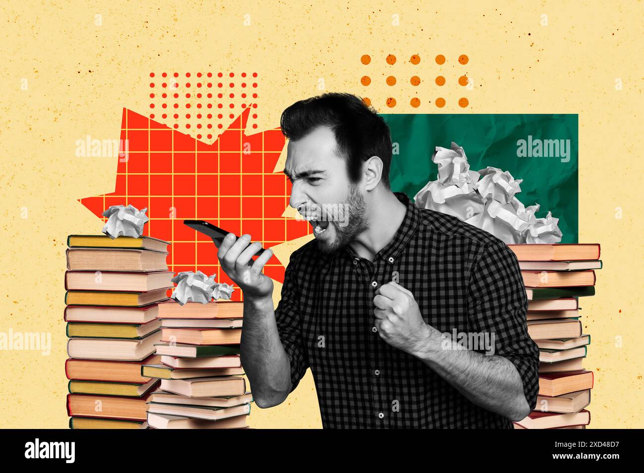 Creative abstract template collage of angry man boss phone call ...