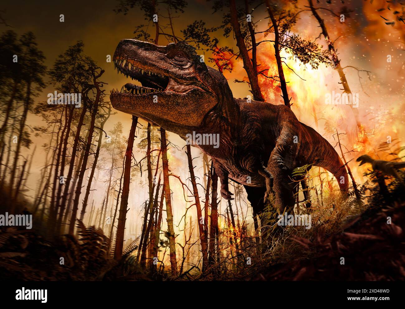 Jurrasic scene - Trex dinosaur and forest fire, 3D illustration. made ...