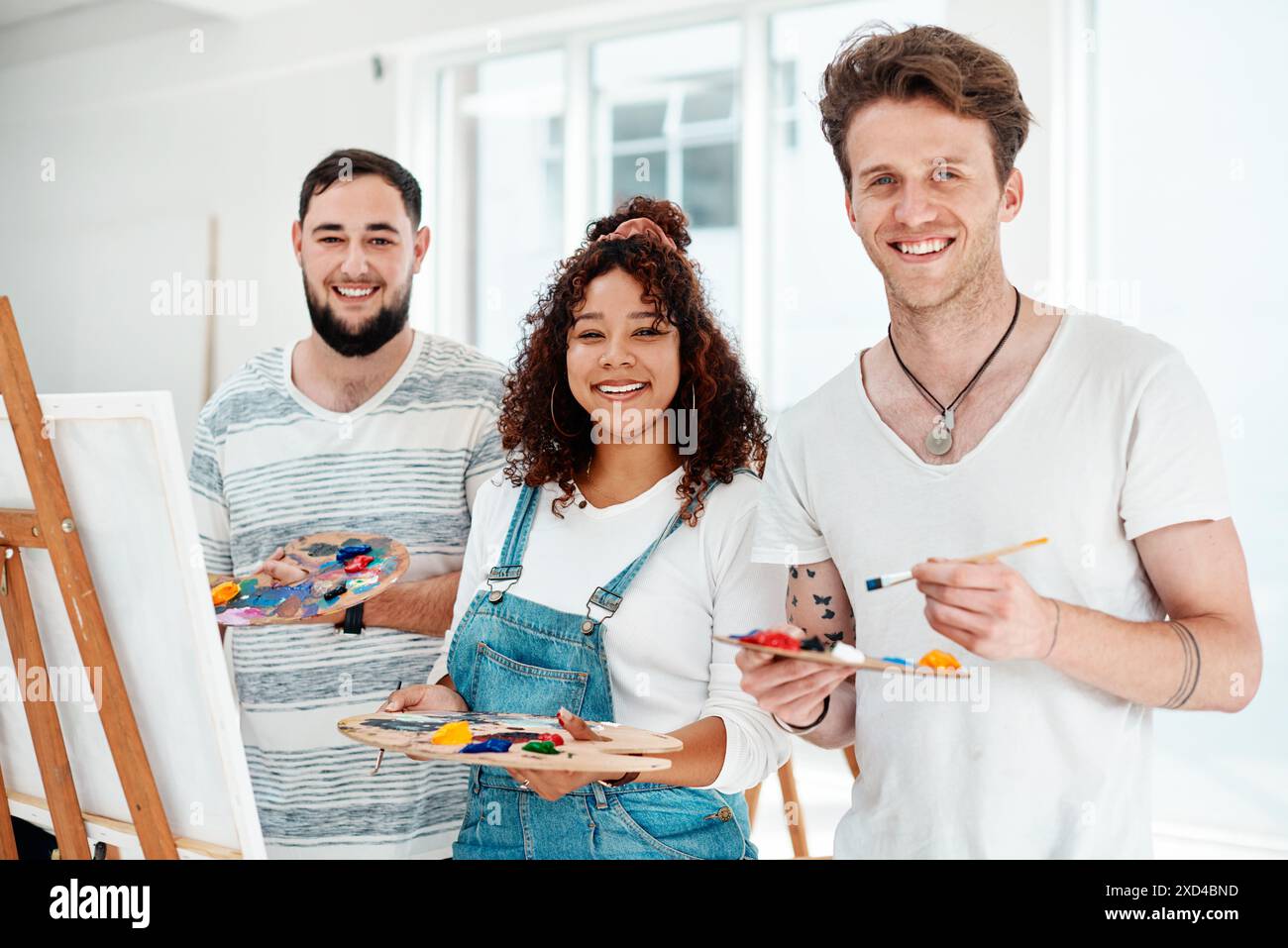People, artist and smile with sketch in art studio for talent, hobby ...