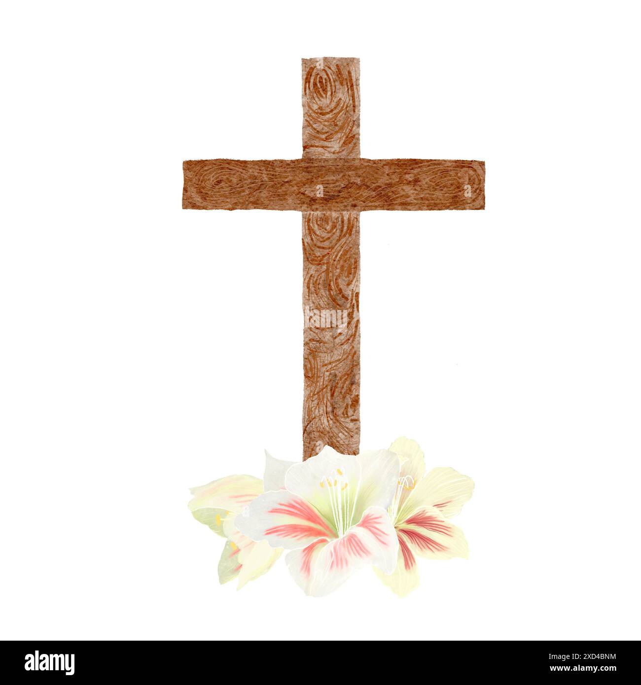 Watercolor wooden cross, lily isolated on white. Illustration for cards ...