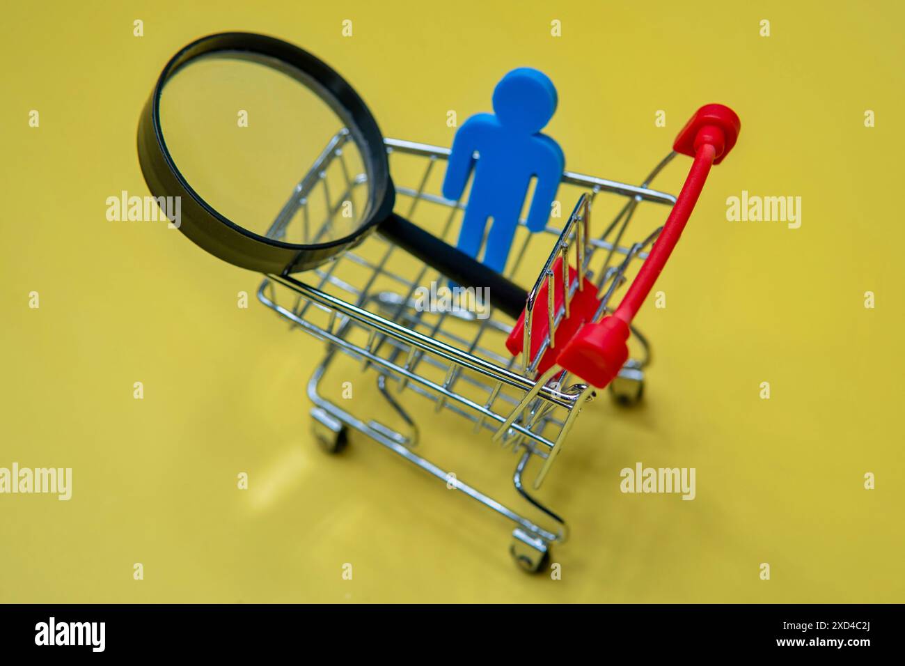 Red shopping cart filled with a magnifying glass and human figure ...
