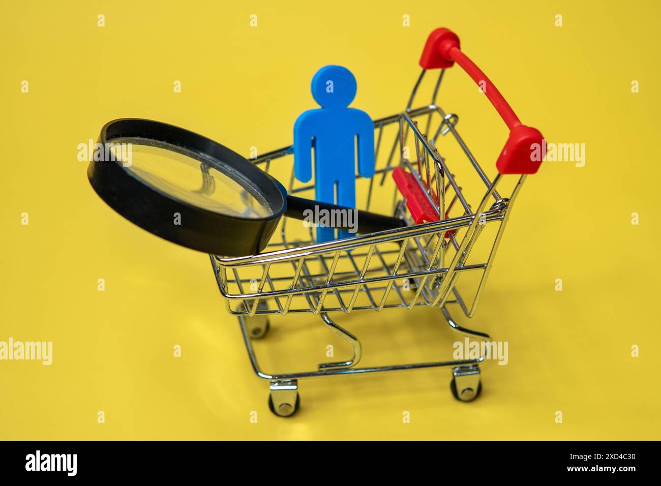 Red shopping cart filled with a magnifying glass and human figure ...