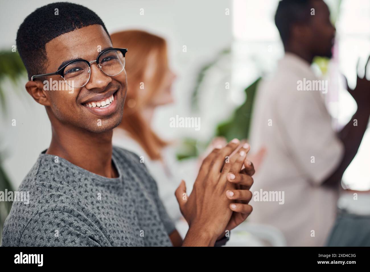 Portrait, business people and man with applause, smile and celebration ...