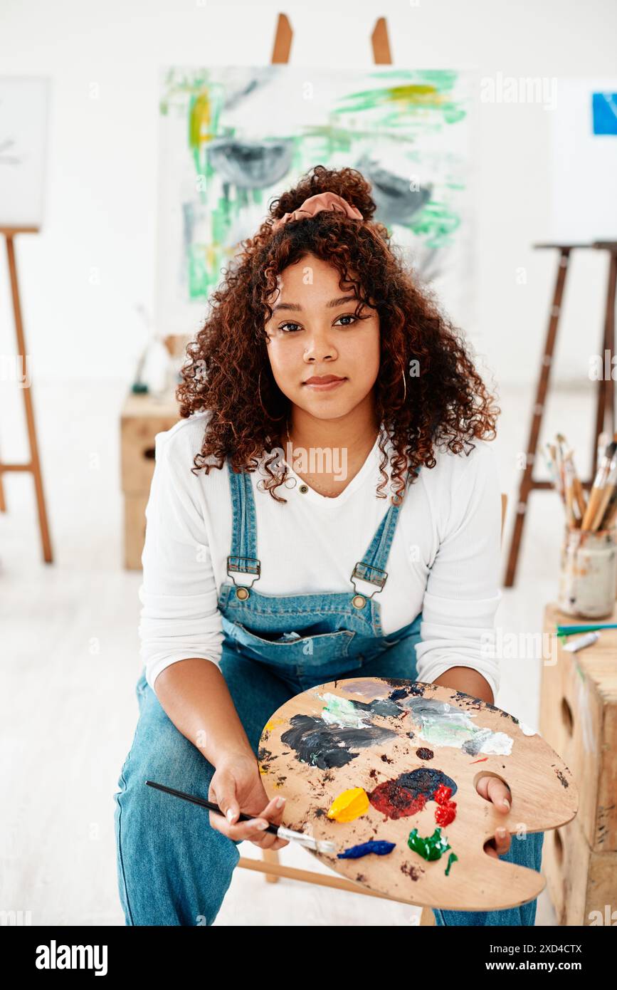 Art, painting and woman portrait at easel, palette and apprentice for ...