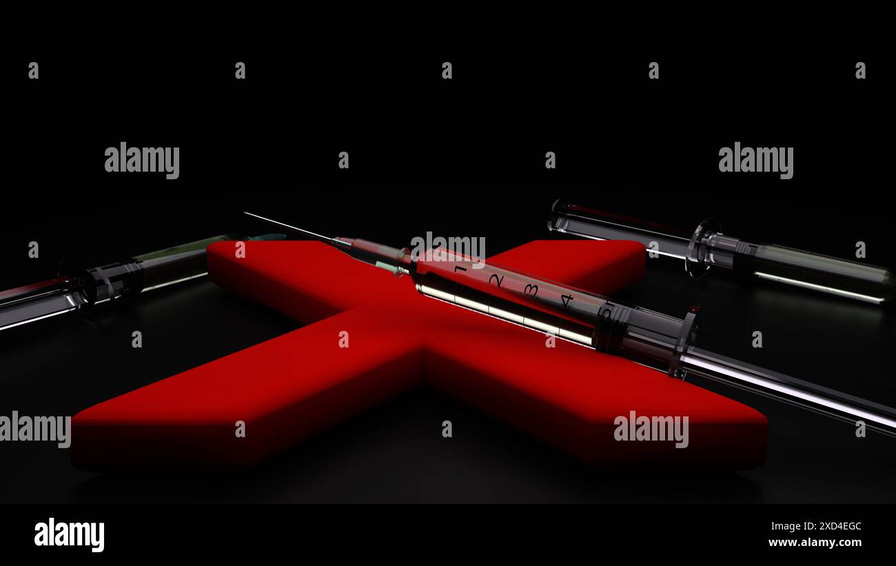 Isolated of a red x symbol with medical syringe, 3d rendering Stock ...