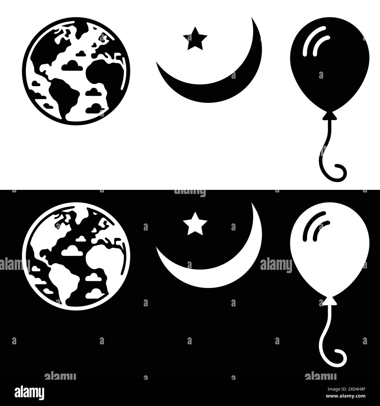 Black and white icon set with earth, moon, star and balloon Stock ... Black and white icon set with earth, moon, star and balloon Stock ...