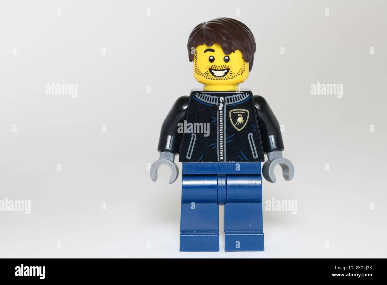Close up of Lego man with Lamborghini branded jacket on white ...