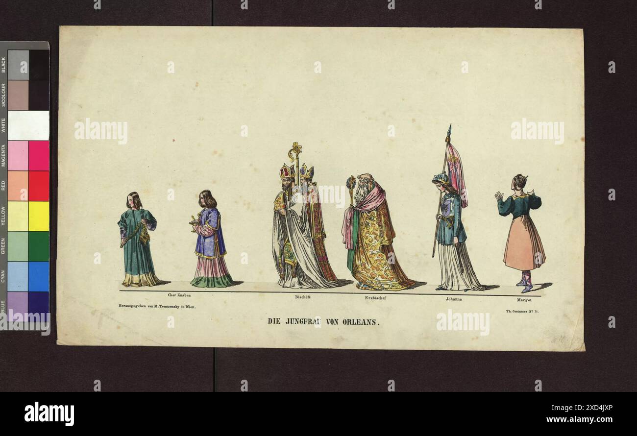 Illustration of an actor performing as the Maid of Orleans on stage ...