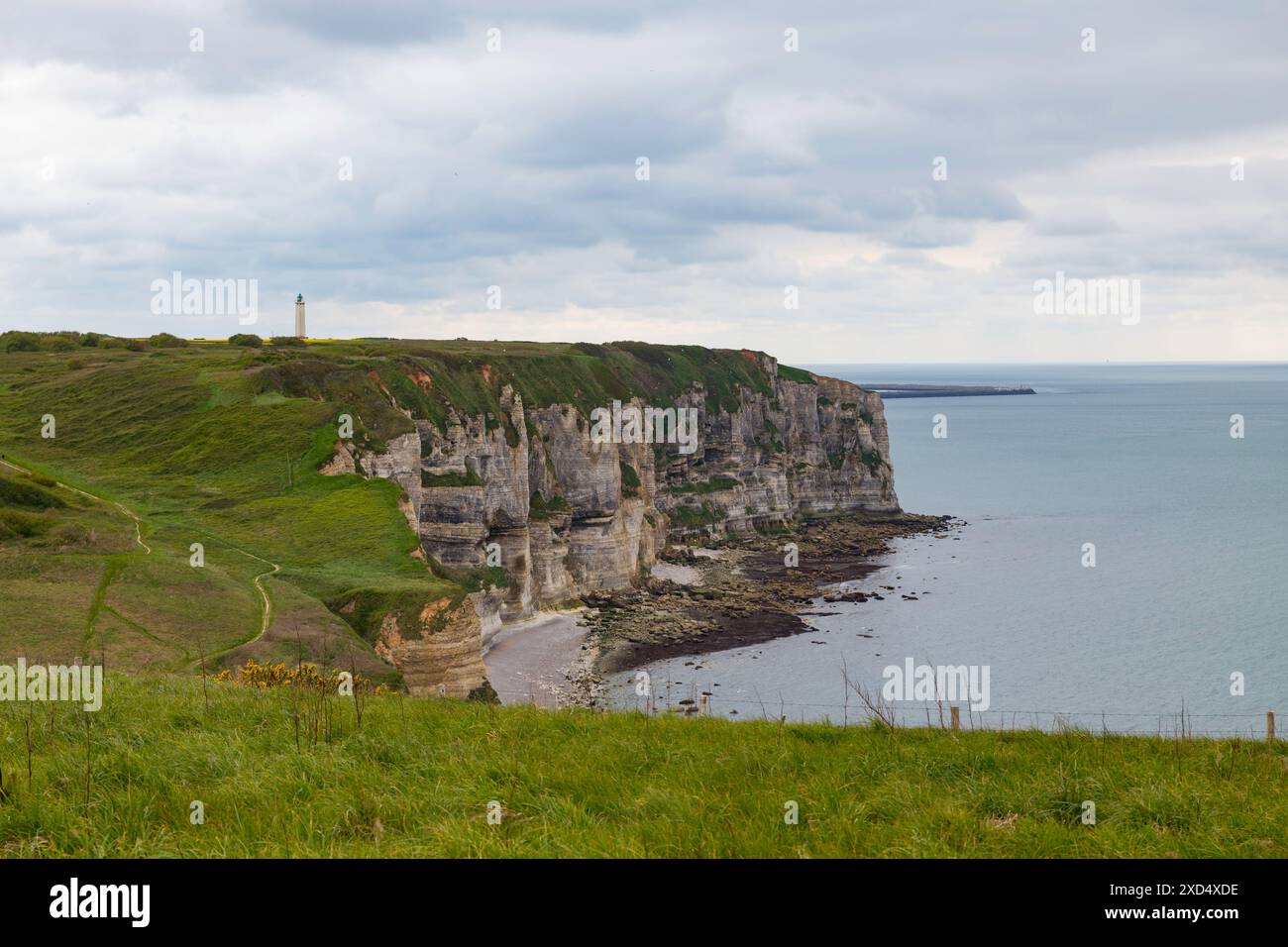 the chalk cliffs of le treport with the lighthouse on top Stock Photo ...