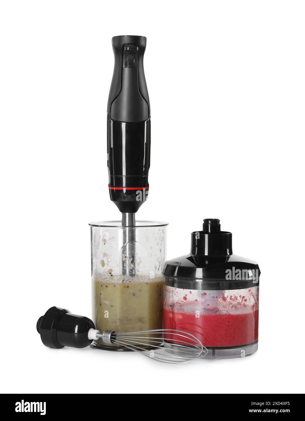 Hand blender kit and mixtures of ingredients isolated on white Stock ...