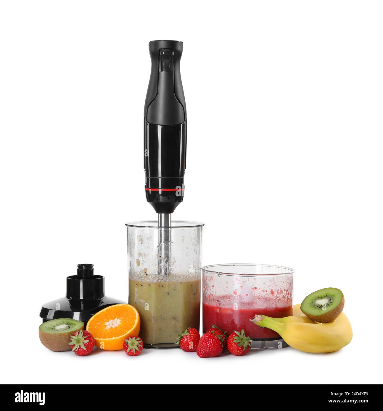 Hand blender kit, mixtures of ingredients and fresh fruits isolated on ...