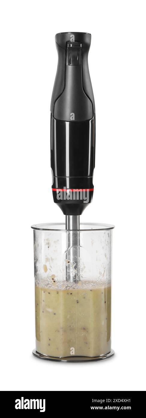Hand blender with mixture of ingredients isolated on white Stock Photo ...