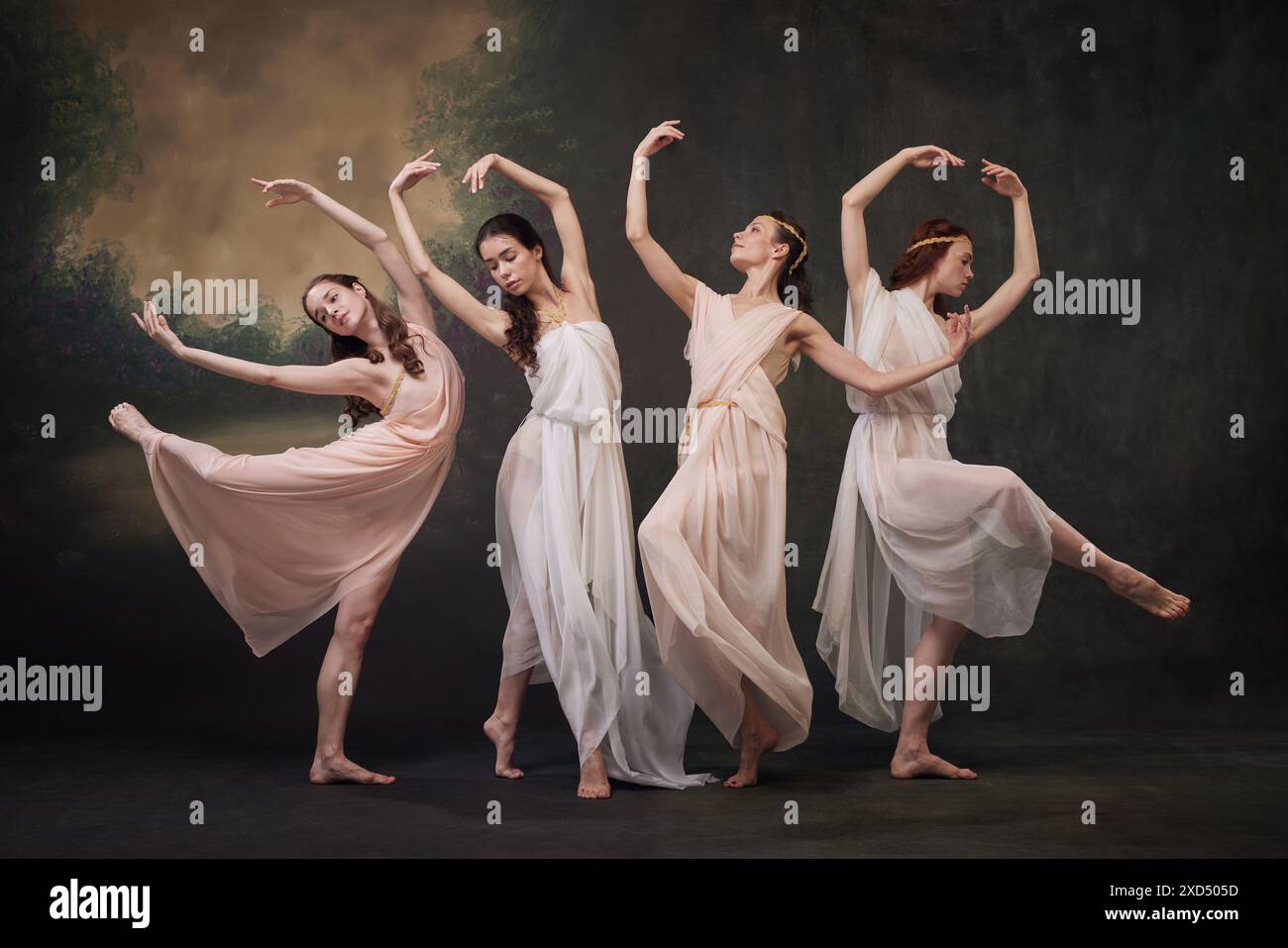 Serene Ballet. Ethereal ballerinas dancers posing in floating beige ...