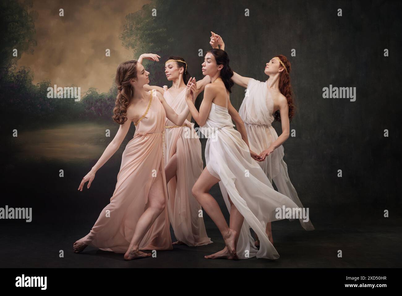 Ballerina Dream. Dancers in flowing gowns posing gracefully against ...